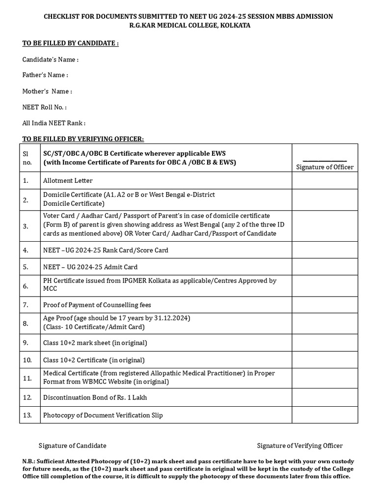 Checklist For UG 2024 | PDF