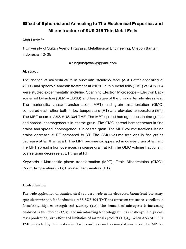 Effect of Spheroid and Annealing To The Mechanical Properties and Microstructure of SUS 316 Thin ...