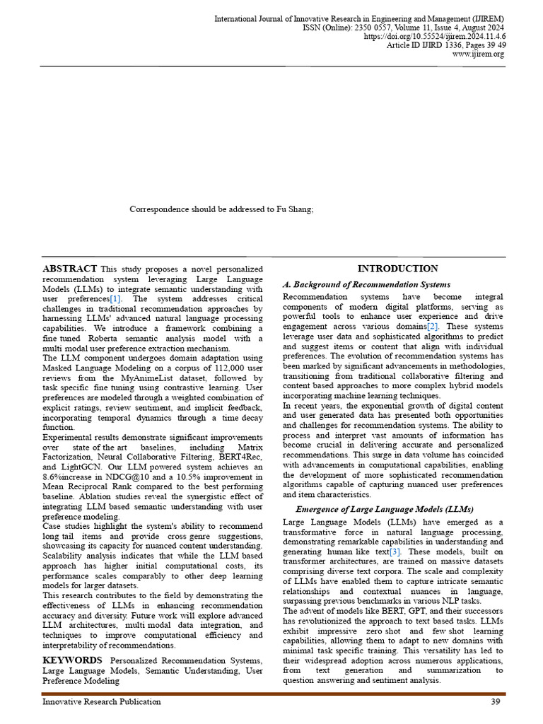 6 Personalized Recommendation Systems Powered by Large Language Models Integrating Semantic ...