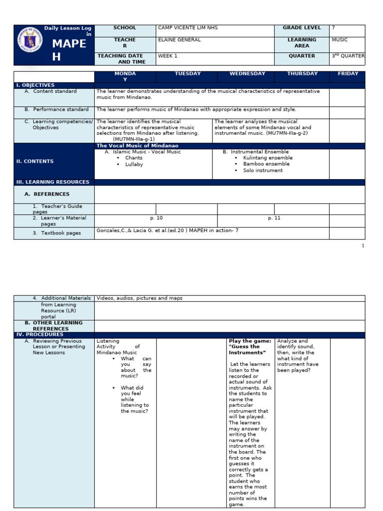 DLL MAPEH7 - 3rd Quarter | PDF