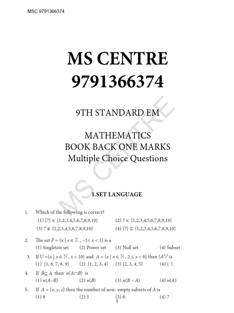 9th Maths 1 Mark Book Back Questions English Medium PDF Download | PDF