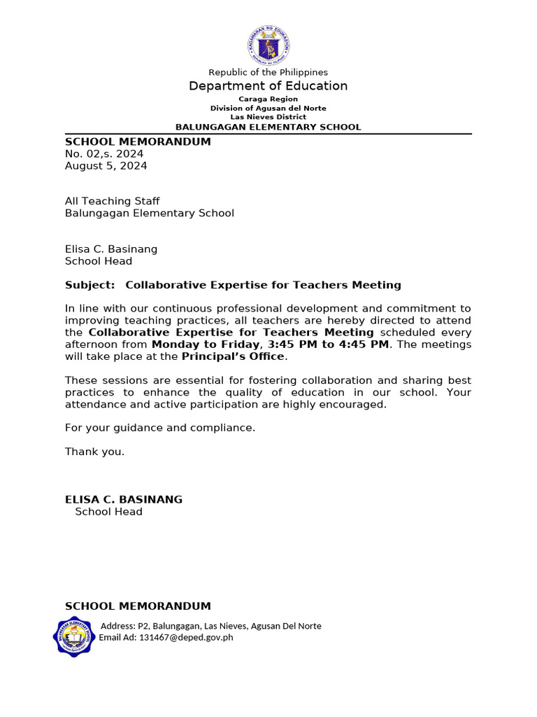 Bes - School Memo. 2024 | PDF