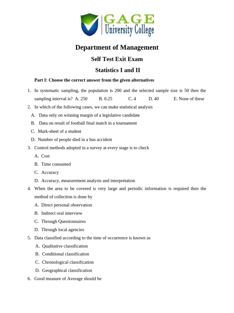 Statistics For Management I & II Self Test 2 | PDF