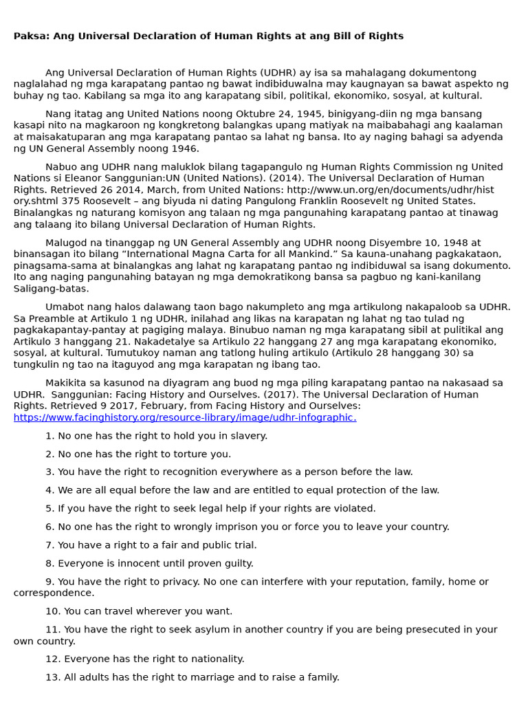 Paksa Ang Universal Declaration of Human Rights at Ang Bill of Rights | PDF