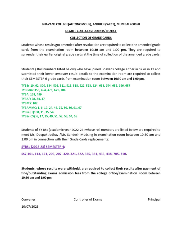 Degree College Student Notice Distribution of Grade Cards | PDF