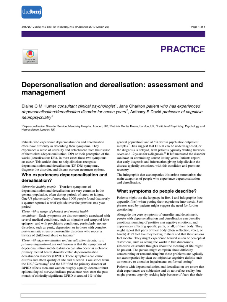 BMJ Depersonalisation and Derealisation Article 2017 | PDF