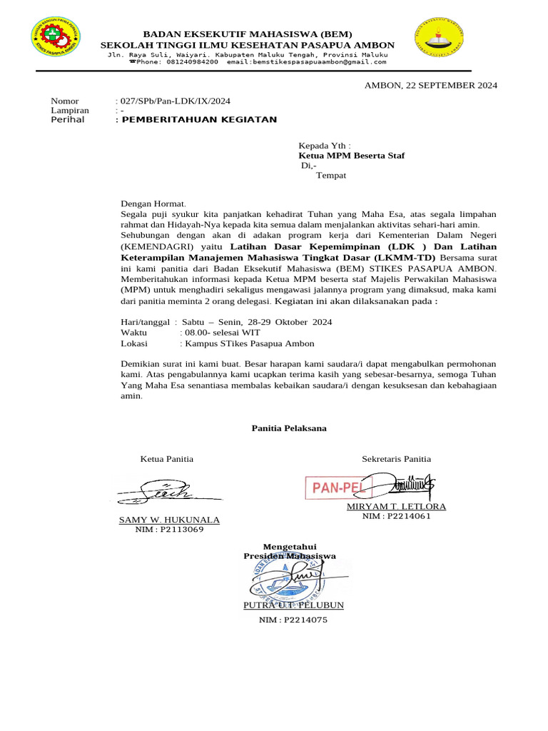 027 Surat PMB LDK Untuk MPM | PDF