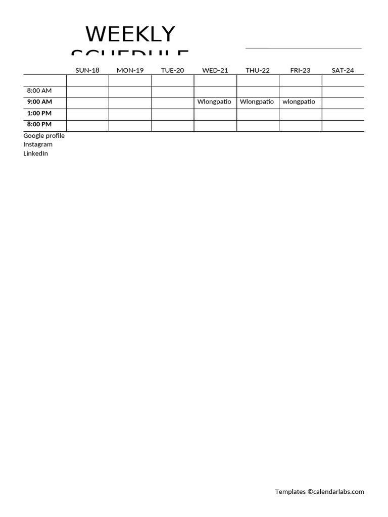 7 Day Weekly Schedule Template | PDF