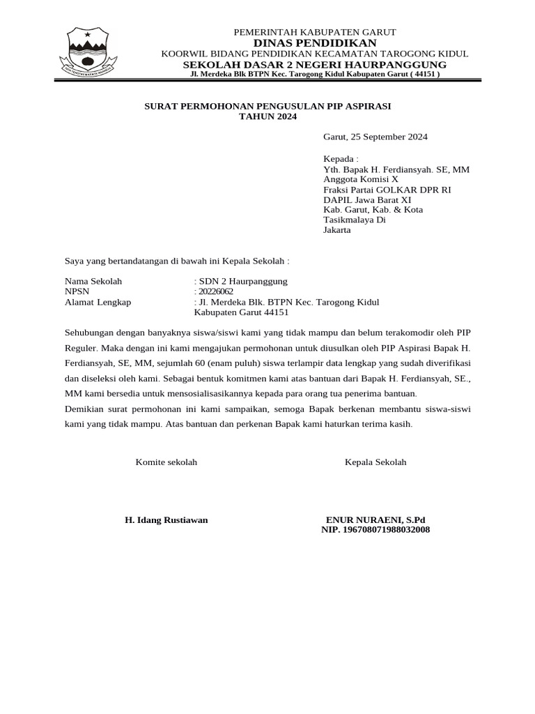 Contoh Surat Permohonan PIP Aspirasi FRD 1 | PDF