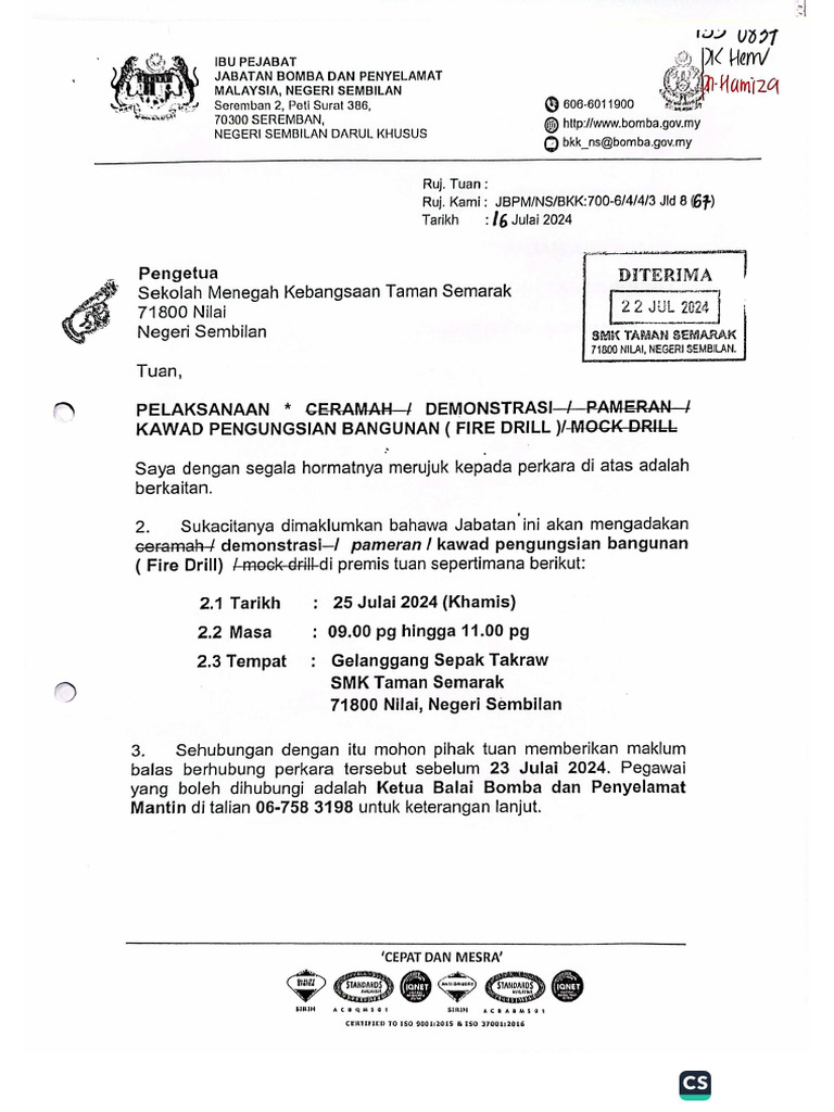 Surat Persetujuan Bomba Pelaksanaan Fire Drill Julai 2024 | PDF