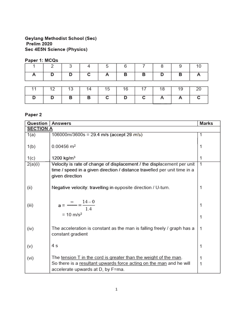 2020 Sec 4 Science Physics SA2 Geylang Methodist Answer | PDF