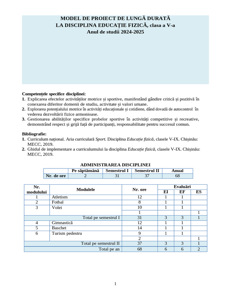 Educatie Fizica CL.V 2019-2020 | PDF