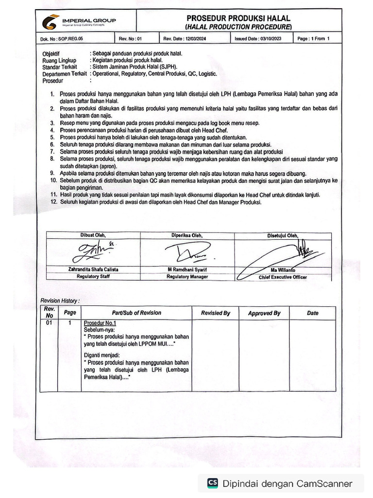 SOP - reg.05.REV.1 Prosedur Produksi Halal | PDF
