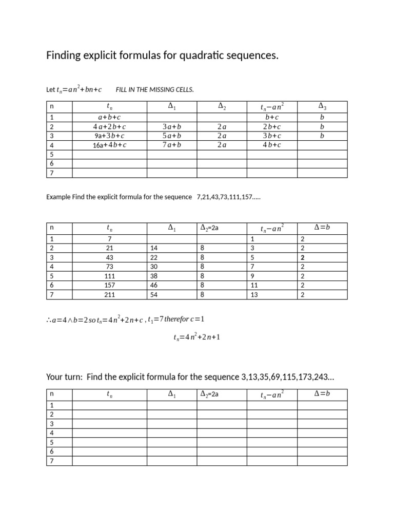 Finding Explicit Formulas For Quadratic Sequences | PDF