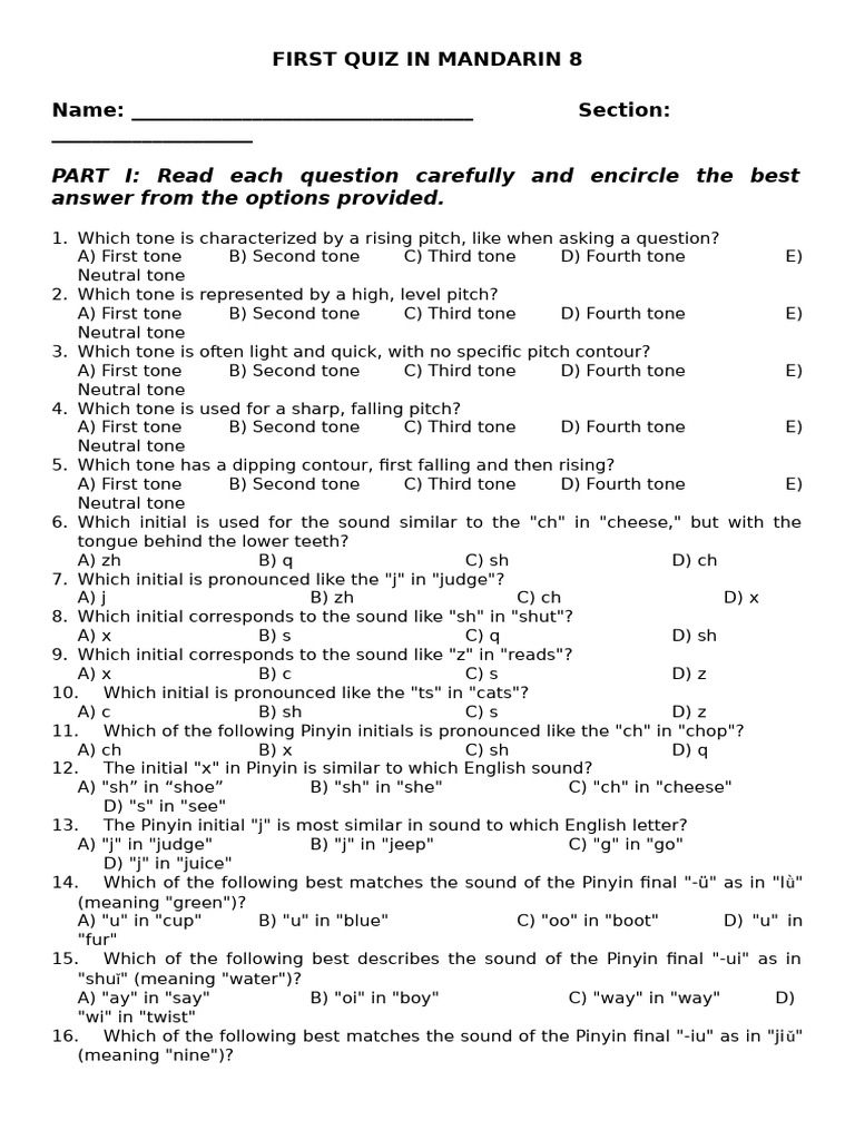 Quiz in Mandarin | PDF
