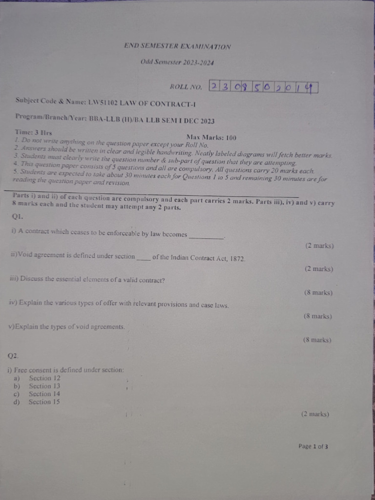End Sem Question Paper Ba LLB | PDF