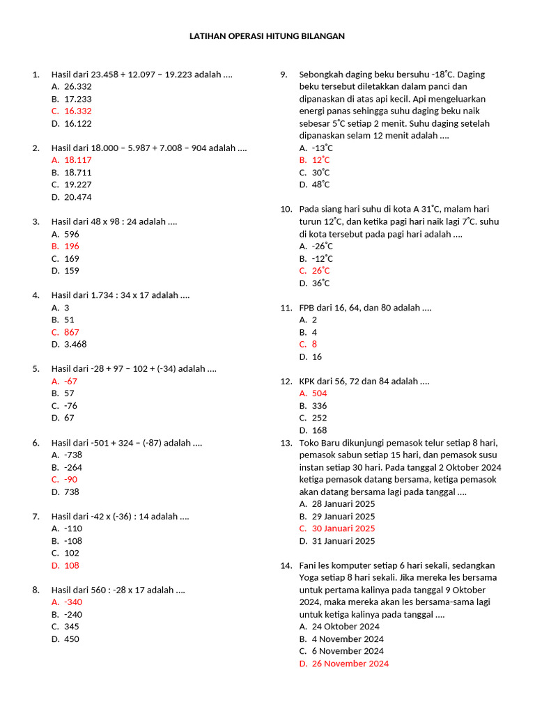 Latihan Operasi Hitung Bilangan | PDF