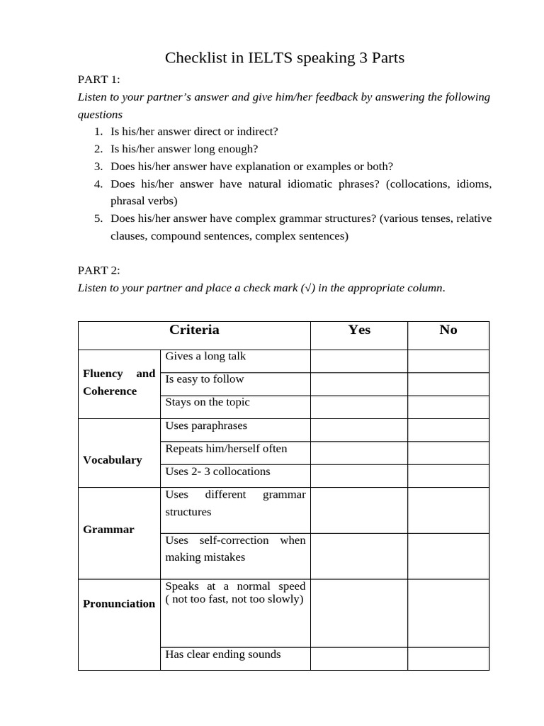 Feedback Checklist in IELTS Speaking 3 Parts | PDF
