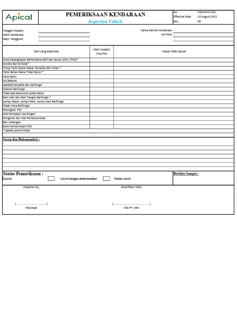 Form Pemeriksaan Kendaraan | PDF