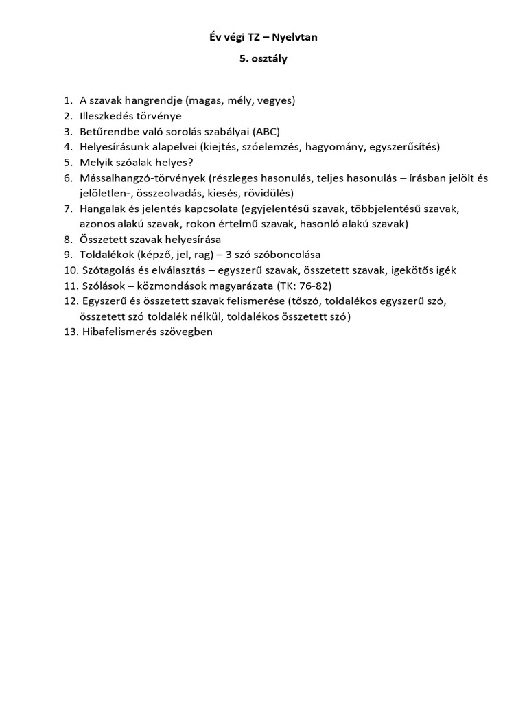 Nyelvtan 5. Osztály Összefoglalás | PDF