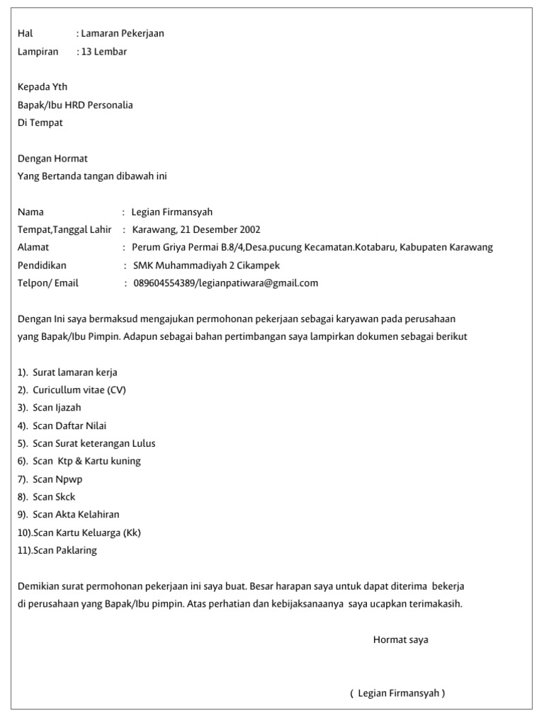 Lamaran Kerja - Legian (1) - Dikompresi | PDF