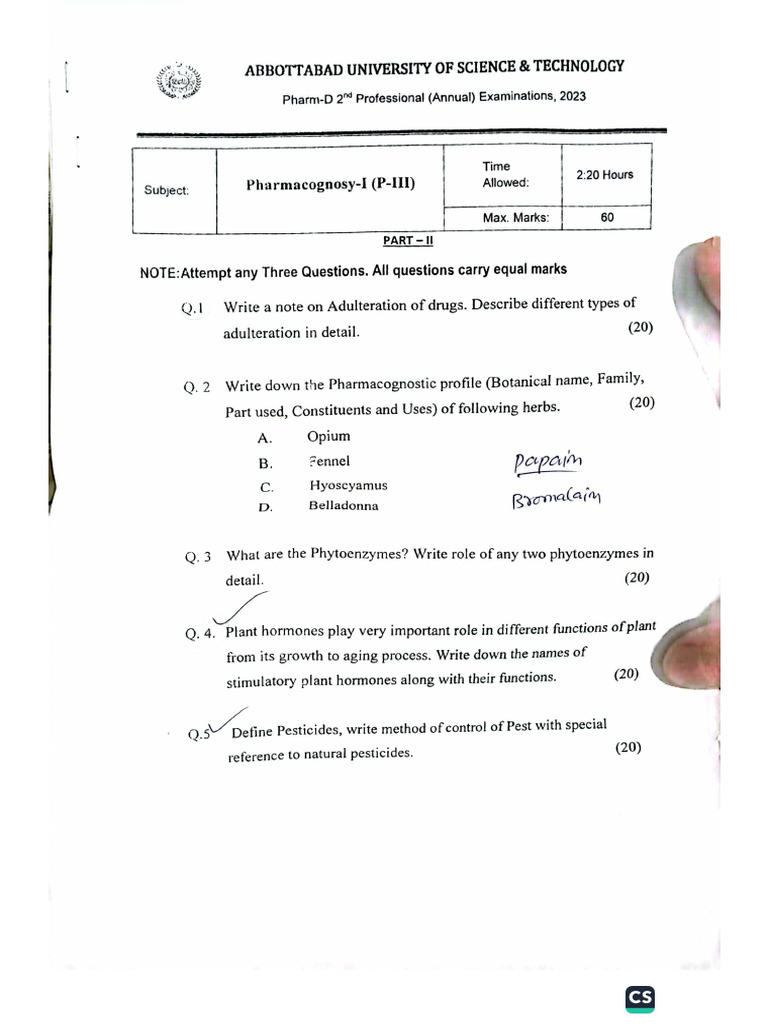 AUST PharmD 2nd Proff Past Papers | PDF