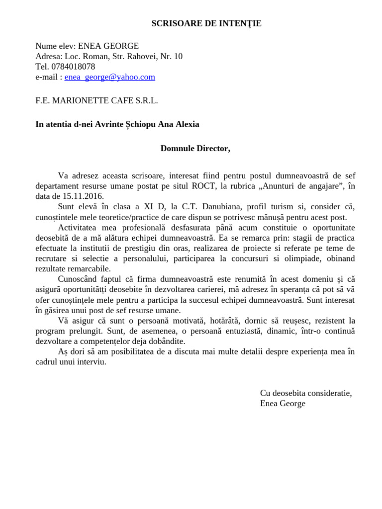 Scrisoare de Intentie George | PDF