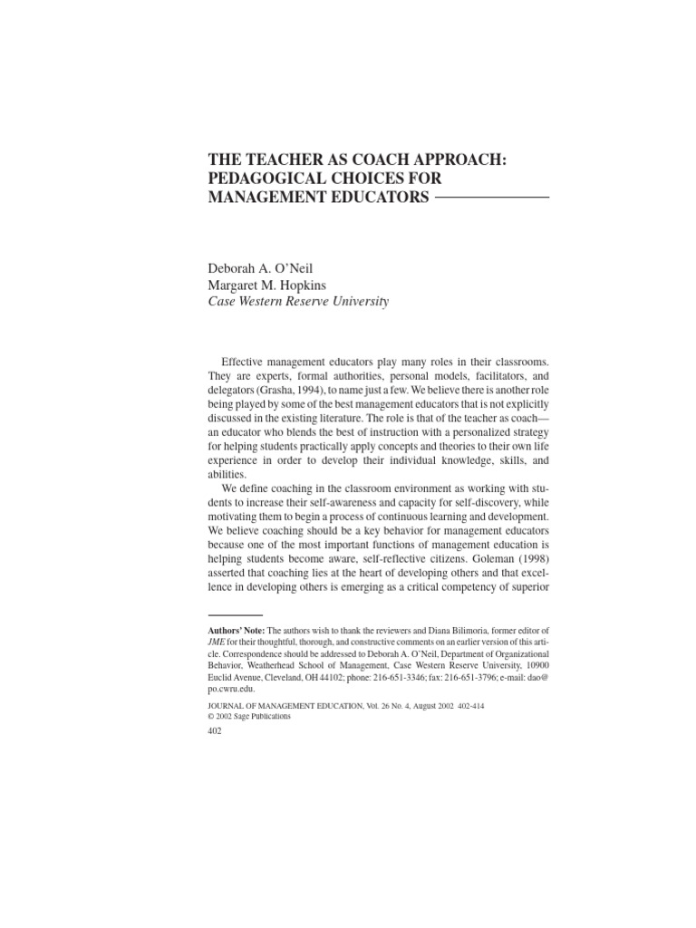 O Neil Hopkins 2002 The Teacher Ascoach Approach Pedagogical Choices ...
