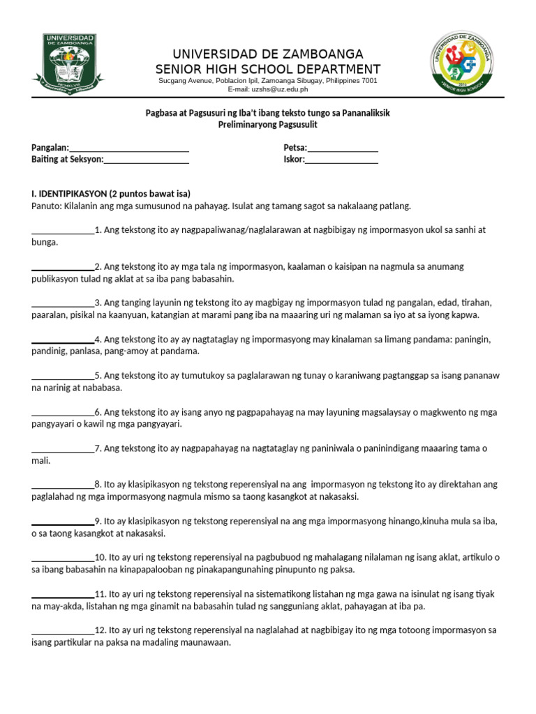 Pre-Midterm Sa Pagbasa at Pagsusuri NG Iba - Ibang Teksto | PDF