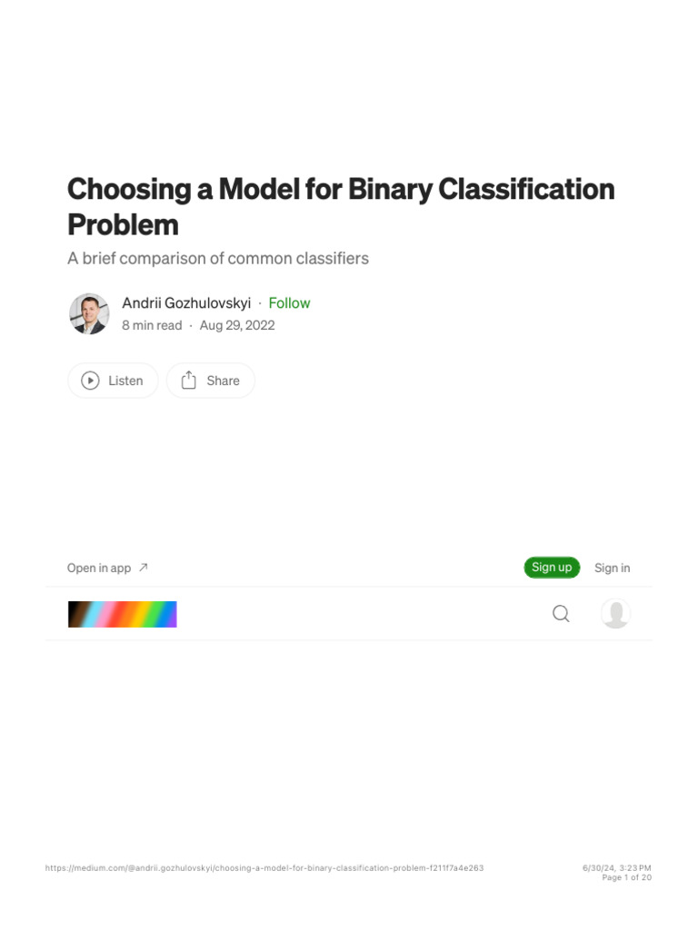 Choosing A Model For Binary Classification Problem - by Andrii Gozhulovskyi - Me | PDF