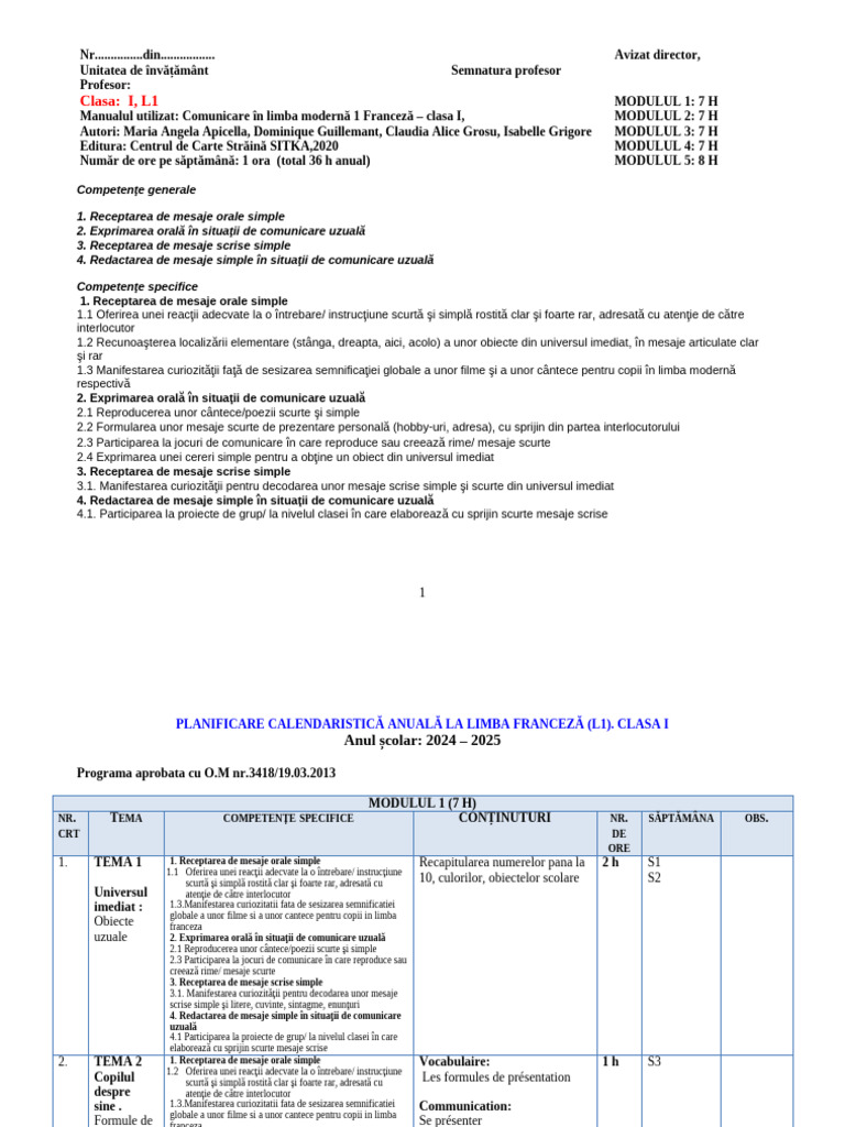 Clasa 1 Ed - Sitka Planificare 2024-2025 | PDF
