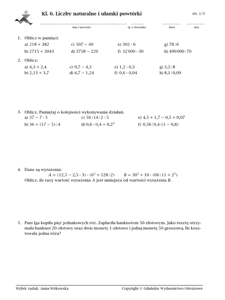 Kl. 6. Liczby Naturalne I Ułamki Powtórki: Oblicz W Pamięci: A) C) E) G ...