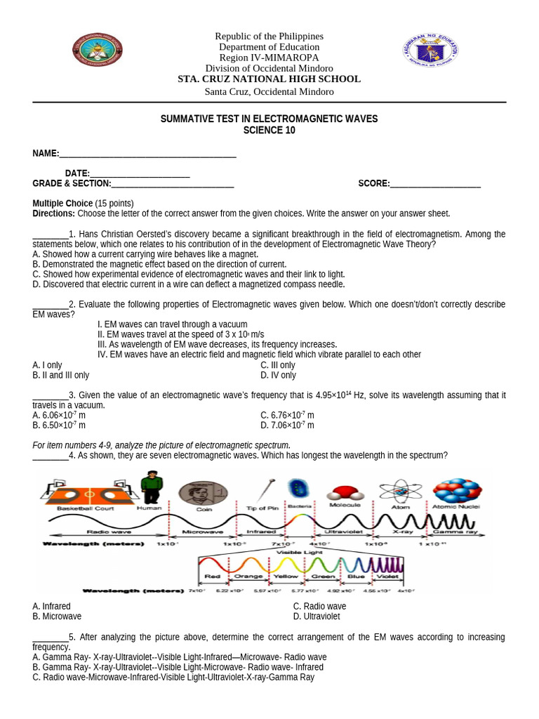 Science 10 Q2 EM Waves Summative Test | PDF
