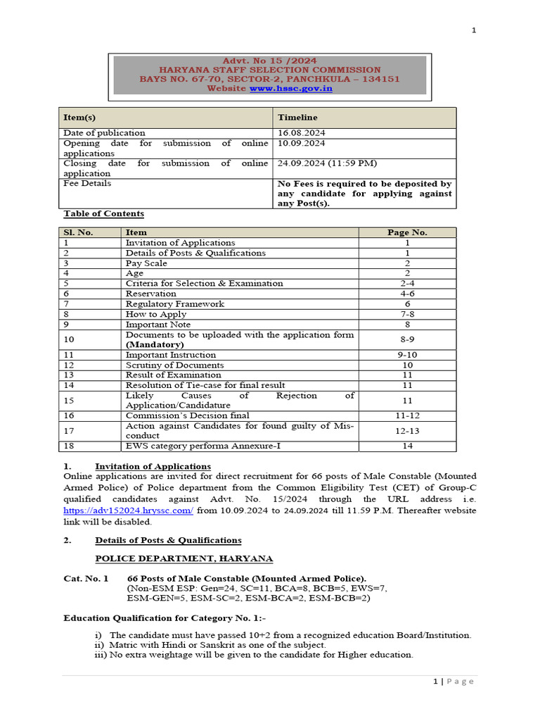 HSSC Police Advt No 15 2024 MAP Constable | PDF