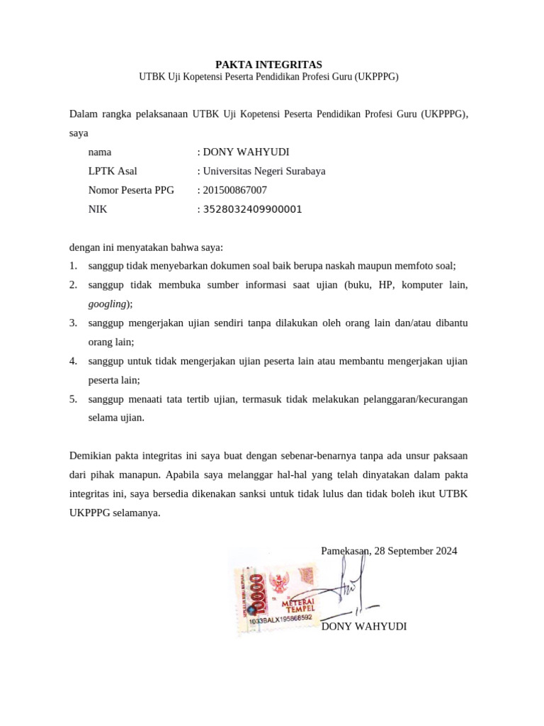 Pakta Integritas UTBK UKPPPG | PDF
