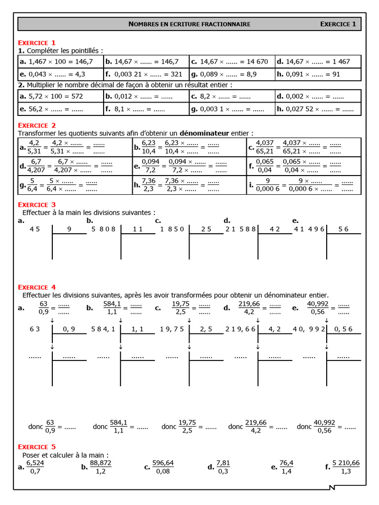 Divisions Par Un Decimal Exercices | PDF