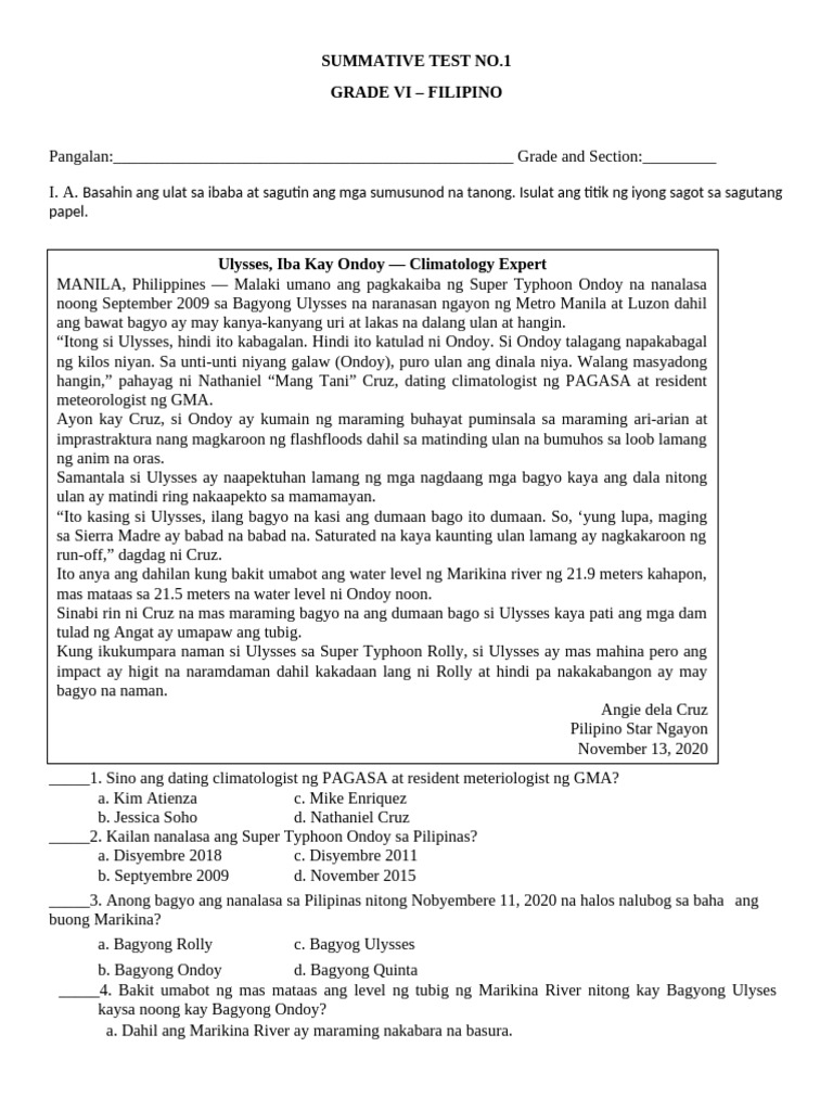 Q3-Filipino-Summative Test No.1 | PDF
