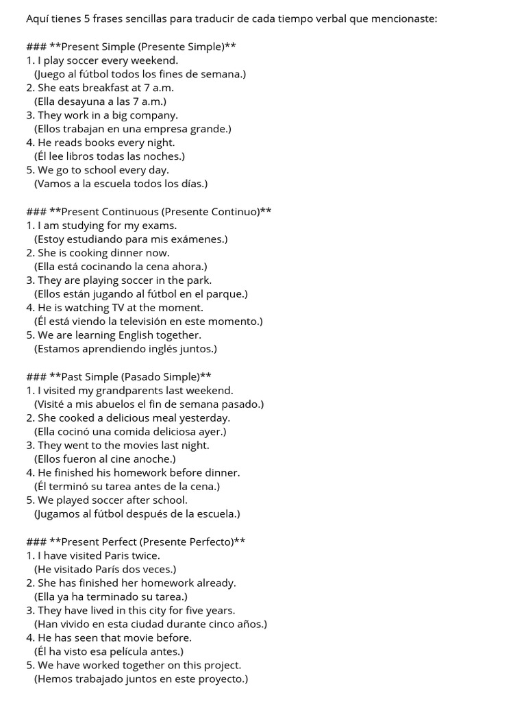 Aquí Tienes 5 Frases Sencillas para Traducir de Cada Tiempo Verbal Que ...