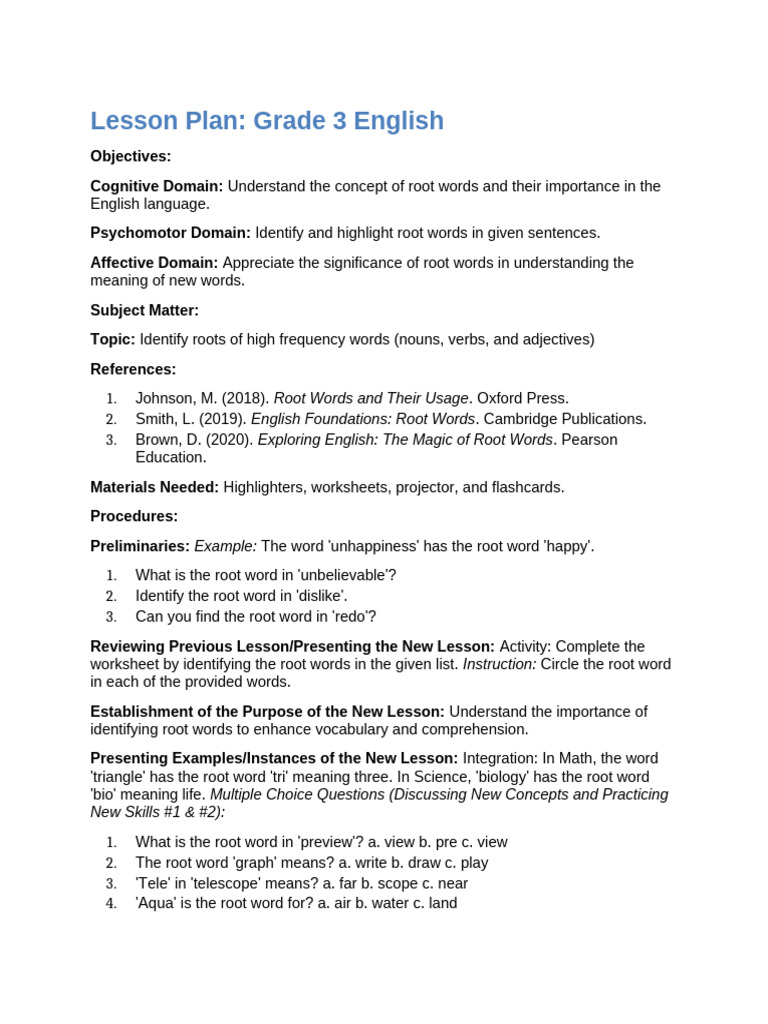 Identify Roots of High Frequency Words (Nouns, Verbs, and Adjectives) | PDF