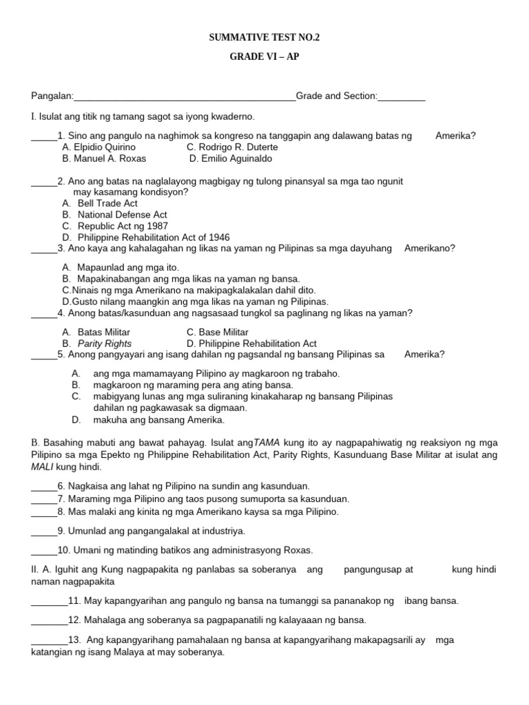 Grade 6 Philippine History Quiz | PDF | Philippines
