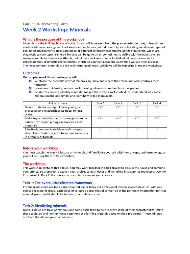 Workshop Week 2 Minerals | PDF