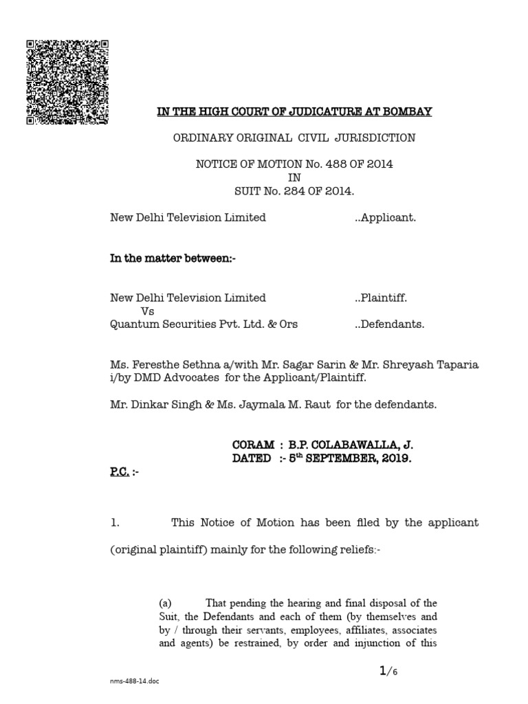 Notice of Motion - Order Dated 05 Sept 2019 | PDF | Lawsuit | Defamation