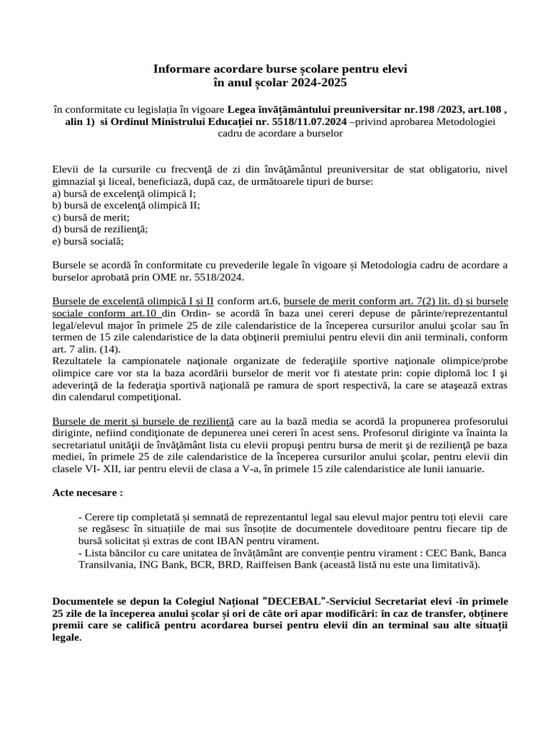 Informare Metodologie Burse Elevi An Scolar 2024-2025 | PDF