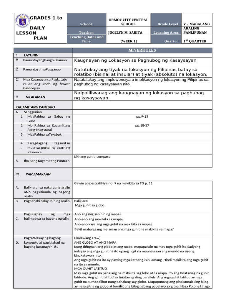 DLL - Araling Panlipunan 5 - Q1 - W1-D3 | PDF | Latitude | Astrometry