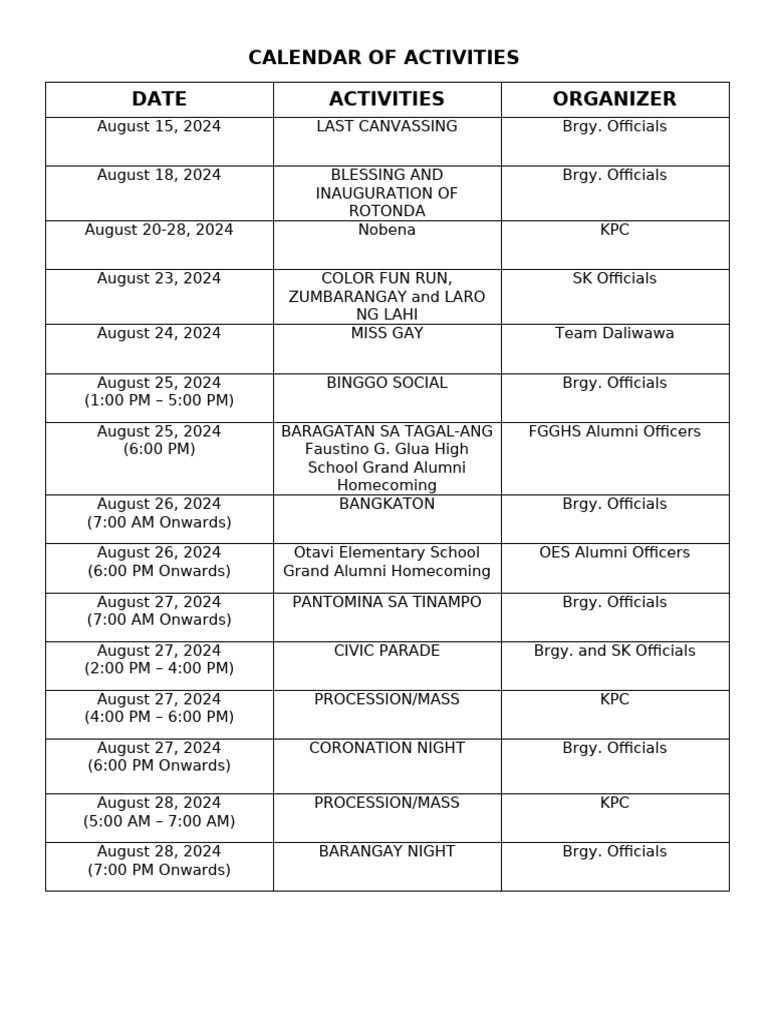 Calendar of Activities For Upcoming Fiesta | PDF