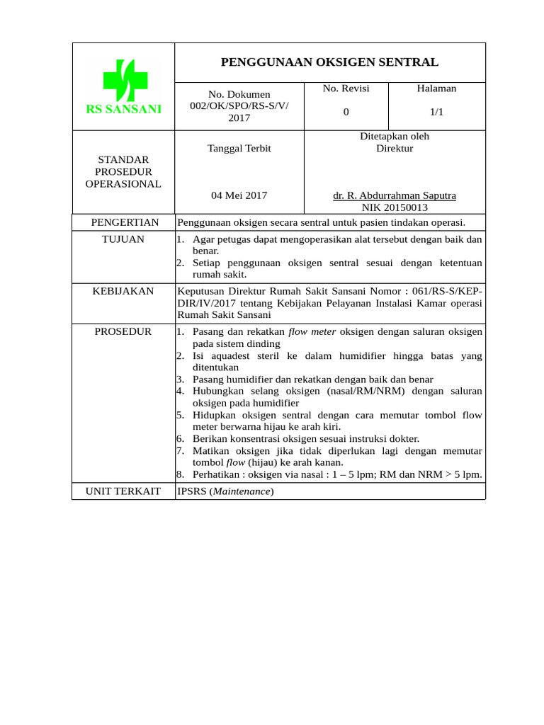Spo Menggunakan Oksigen Sentral | PDF