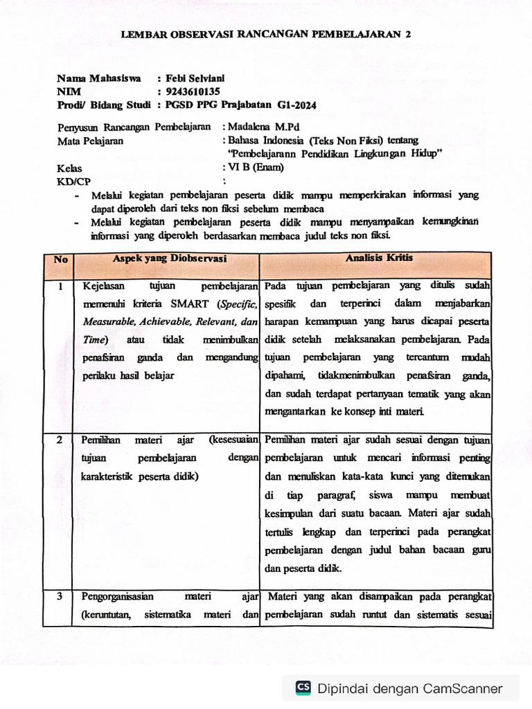 Lembar Observasi Rancangan Pembelajaran | PDF