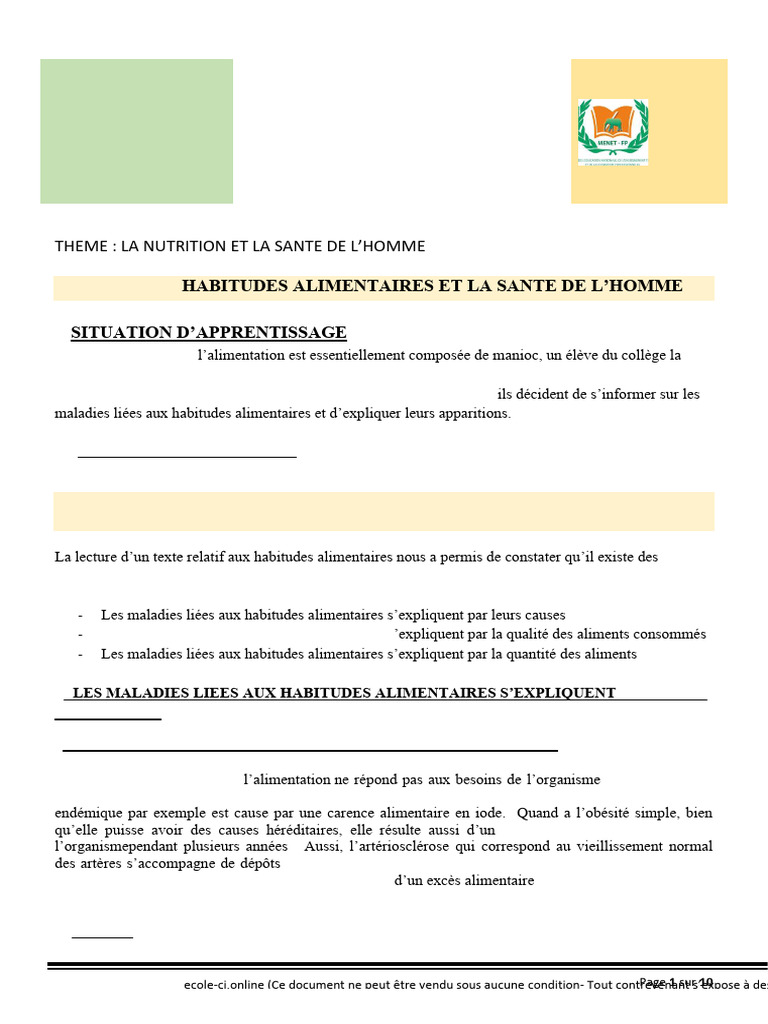 SVT 2nd A - L2 - Les Habitudes Alimentaires Et La Santé de Lhomme | PDF