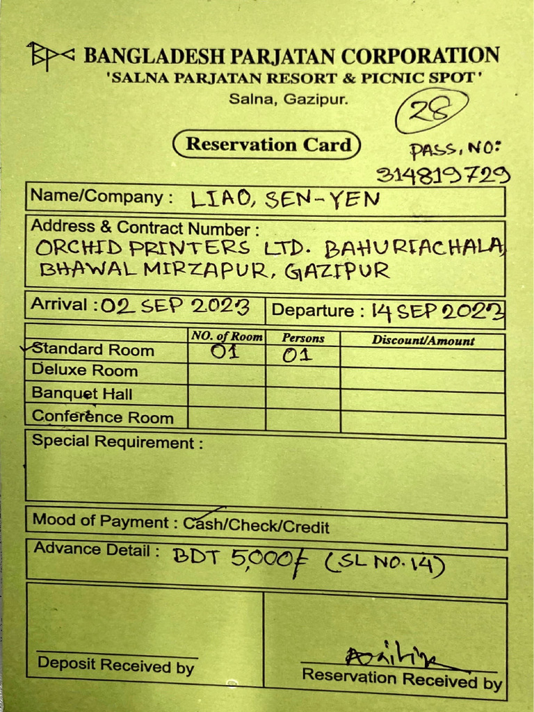 Hotel Reservation For Mr. Liao Sen-Yen | PDF