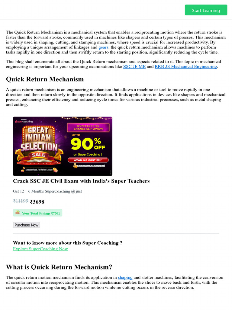 Quick Return Mechanism - Diagram, Parts, Working, Types, Uses | PDF